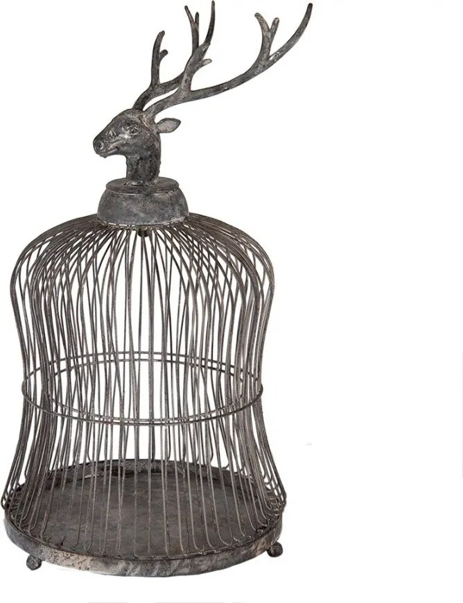 Šedá antik kovová dekorace ptačí klec jelen Deer - Ø 26*50 cm