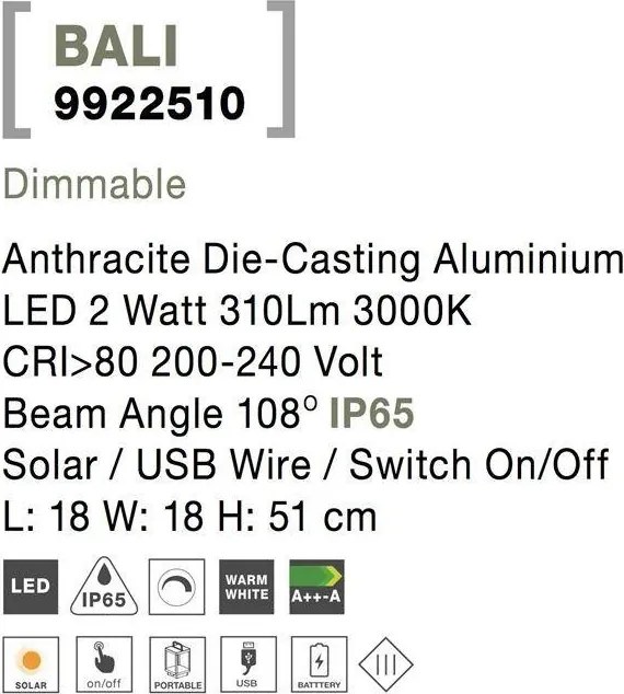 NV 9922510 Venkovní stojací lampa BALI antracitový hliník LED 2W 3000K 5V DC 108st. IP65 solární / USB kabel / vypínač na těle / stmívatelné - NOVA LUCE