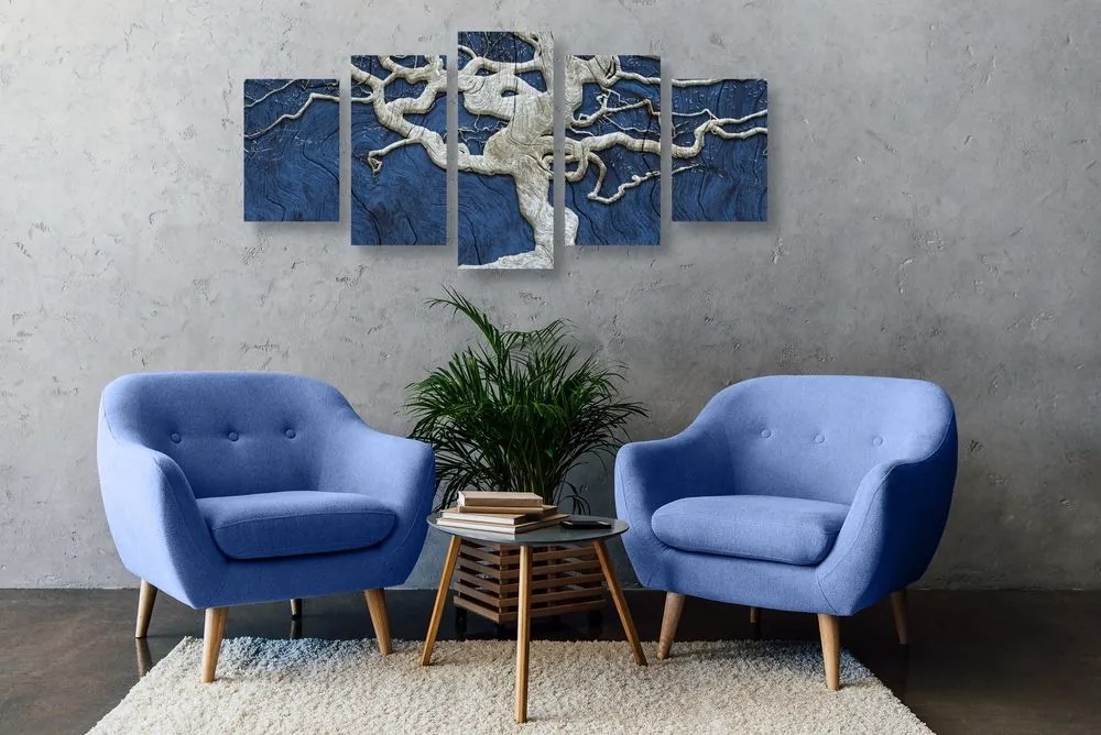 5-dílný obraz abstraktní strom na dřevě s modrým kontrastem - 100x50 cm