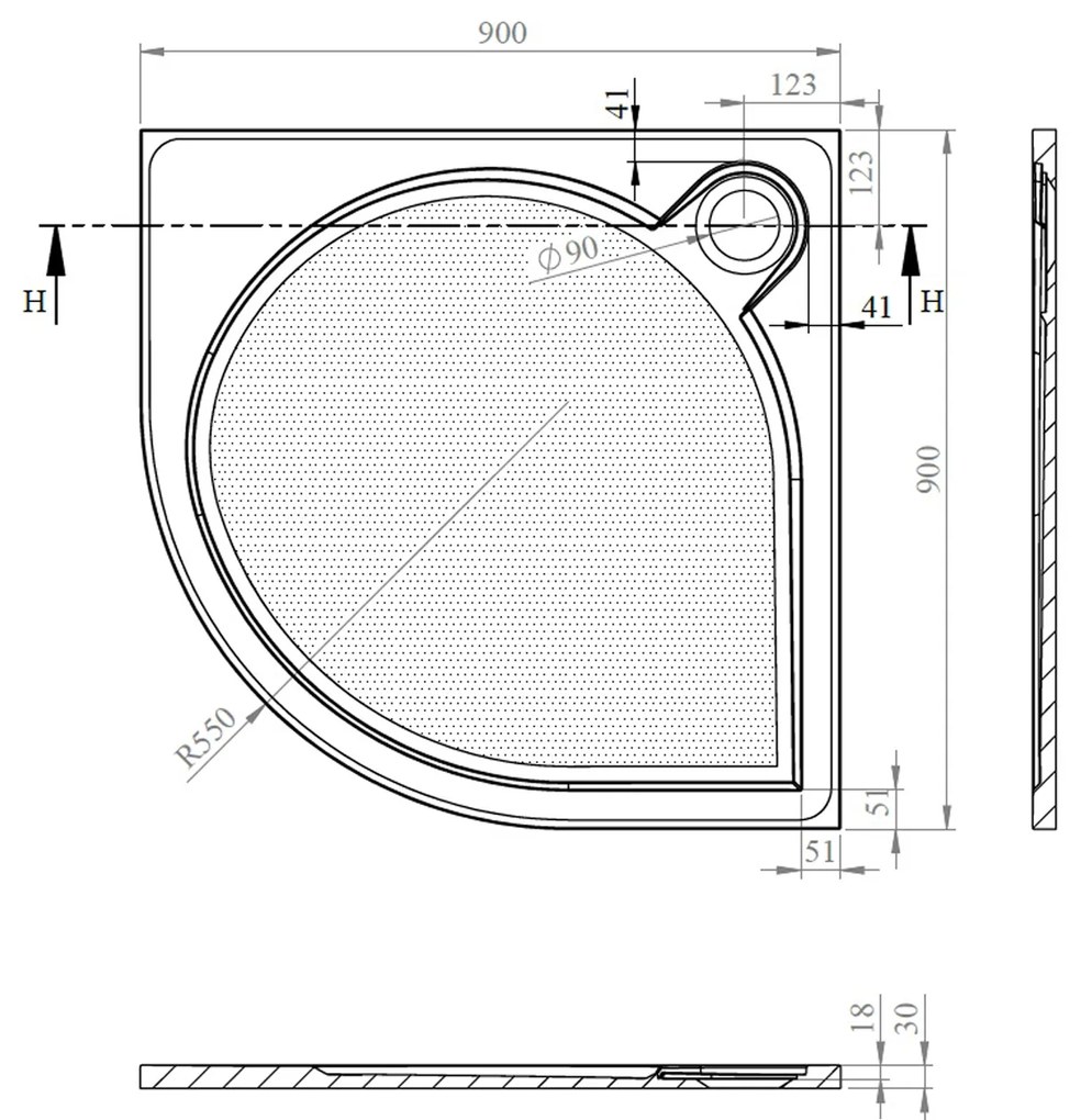 Gelco ARCA sprchová vanička z litého mramoru, čtvrtkruh, 90x90x3 cm, R550, PA559