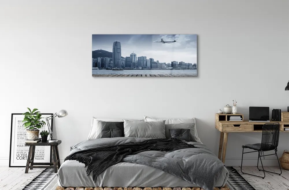 akrylový obraz Letadel mraky město 120x60 cm