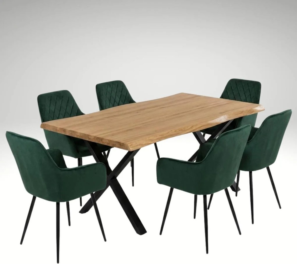 Vikio Jídelní set pro 6 osob 160x90 cm soft dub noha X zelená židle s područkami VJS226-6Z