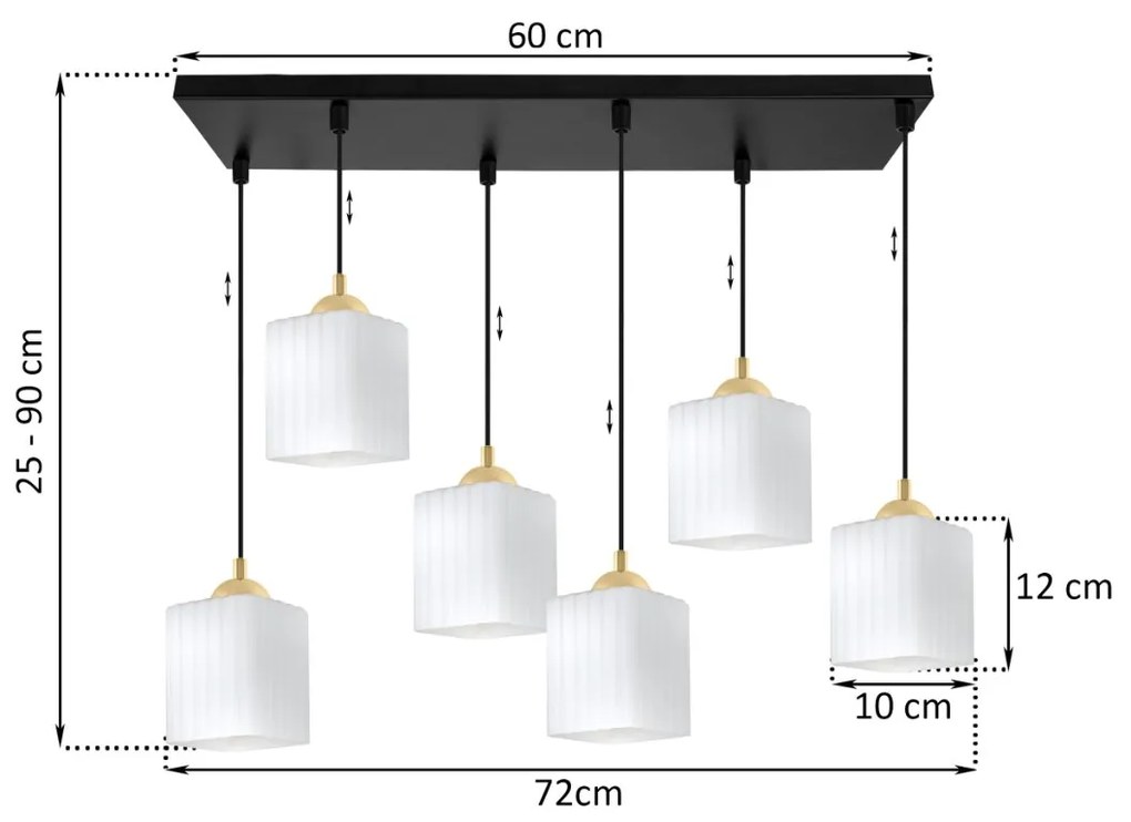 Závěsné svítidlo Riffle Square, 6x bílé skleněné stínítko, b/g