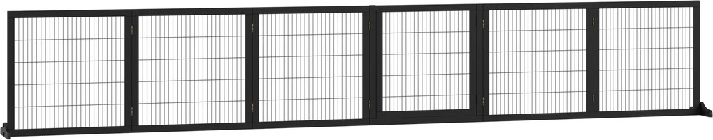 PawHut Dřevěná Bezpečnostní Brána pro Psy, Nastavitelná Pet Gate s Nohy 432 x 70 cm, Sklopná Brána do Schodů, 6 Panelů, Černá | Aosom
