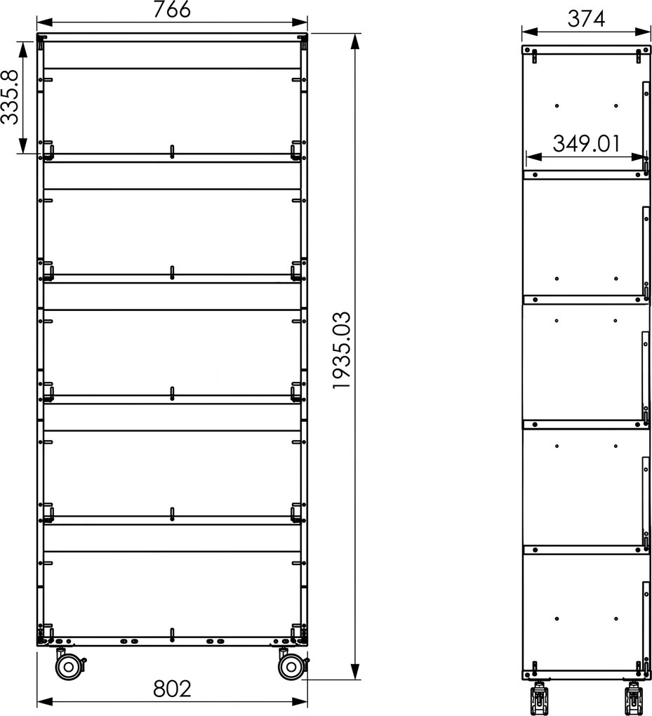 Velkokapacitní skříň s výsuvnými regály, 841 x 846 x 2000 mm, bříza