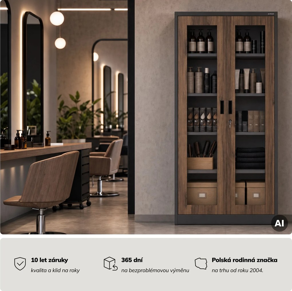 Kovová skříň s vitrínou antracitová, ořech, 900x1850x400 mm: AMELIA Eco Design