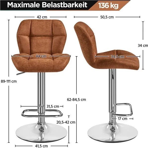 Sada 2 ks – Barová židle Yaheetech – retro hnědá, 44 cm (šířka) × 50,5 cm (hloubka) × 89 cm - 111 cm (výška), polyuretan (257074531287)