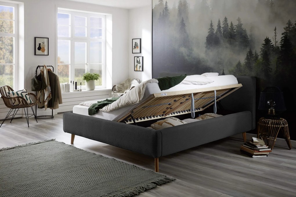 Čalouněná postel taupe s úložným prostorem 180 x 200 cm manšestr černá MUZZA