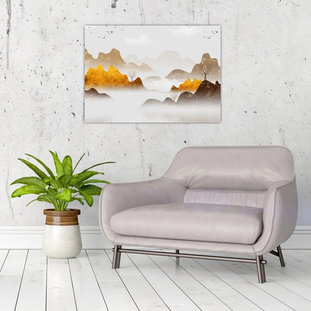 Skleněný obraz - Hory v mlze (70x50 cm)