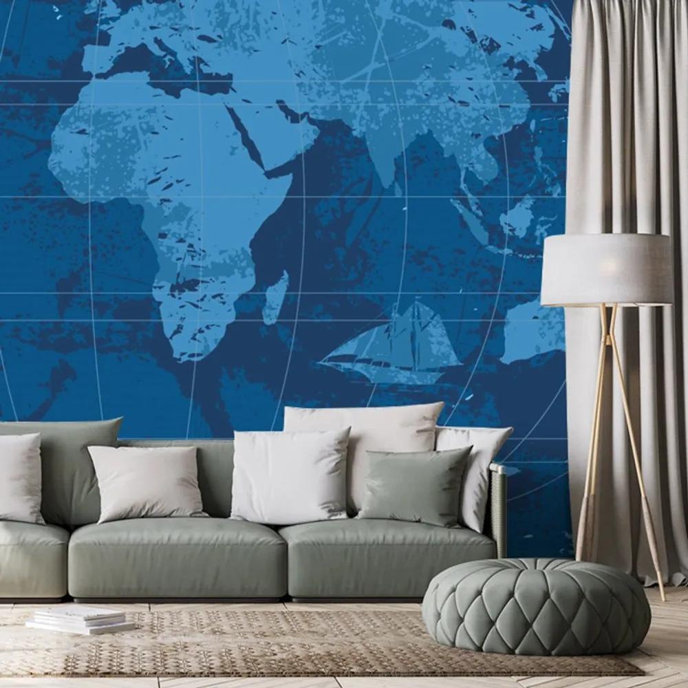 Samolepící tapeta rustikální mapa světa v modré barvě - 150x100 cm