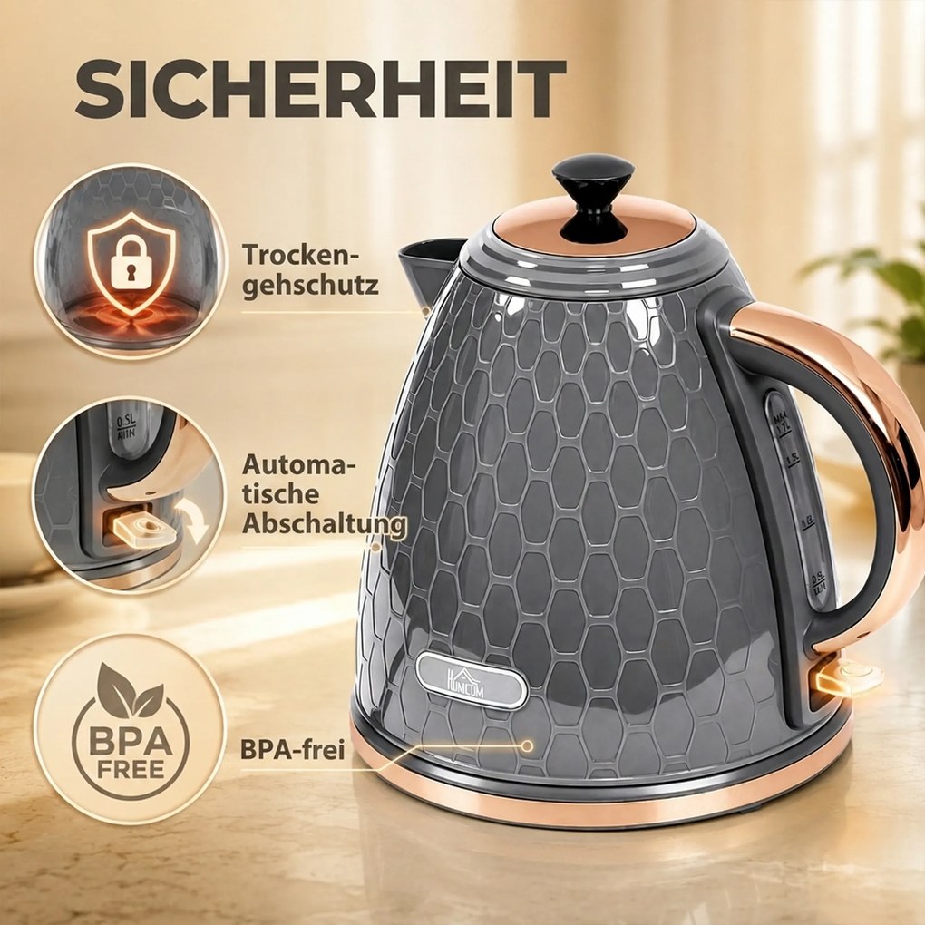 HOMCOM Rychlovarná konvice, 2200 W, průhledné okénko, filtr, rychlovarná, šedá