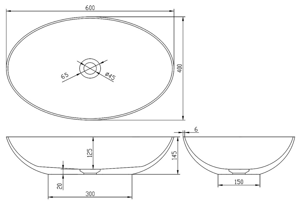 Polysan Banera Oval umyvadlo na desku 60 x 40 cm bez otvoru pro baterii bez přepadu litý mramor bílá hnědá mat 14397.72