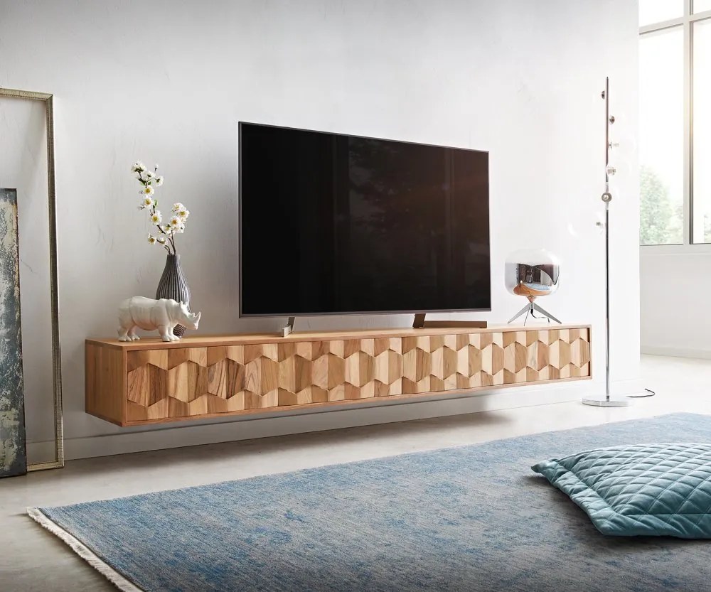 TV stolek Fevo 220 cm akácie přírodní 4 dvířka závěsné
