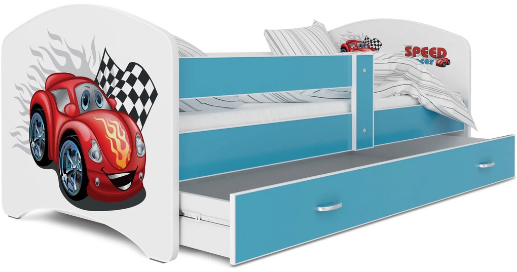 Dětská postel NICO se zábranou a úložným prostorem 200 x 90 cm ČERVENÉ AUTO