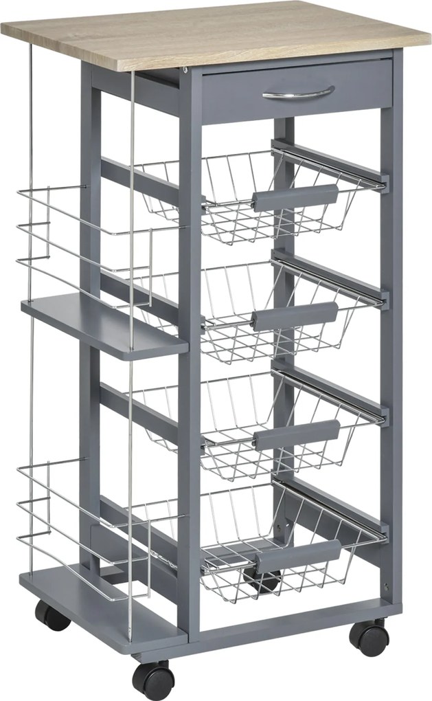 HOMCOM Kuchyňský vozík šetřící prostor v tmavě šedé, potravinový vozík, 1 pracovní deska, 1 zásuvka, 4 kovové koše, 47x37x83cm, Šedý | Aosom