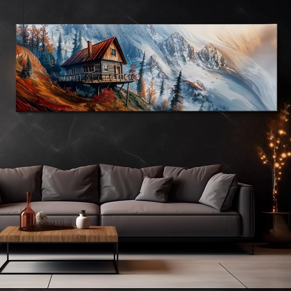 Obraz na plátně - Horská chata v chladném ránu FeelHappy.cz Velikost obrazu: 150 x 50 cm