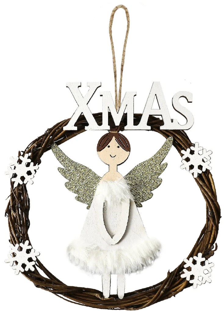 Tutumi - Vánoční dekorace na dveře andílek - bílá/hnědá - 16 cm