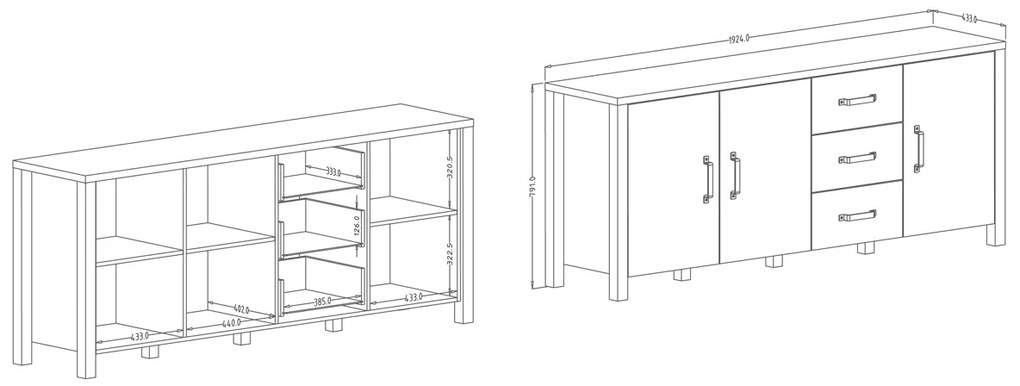 Komoda Olin 47 se zásuvkami 192 cm - appenzeller fichte / černý mat