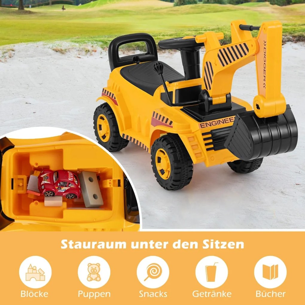 Costway Dětský bagr s nastavitelnou lopatou a úložným prostorem pod sedadlem.