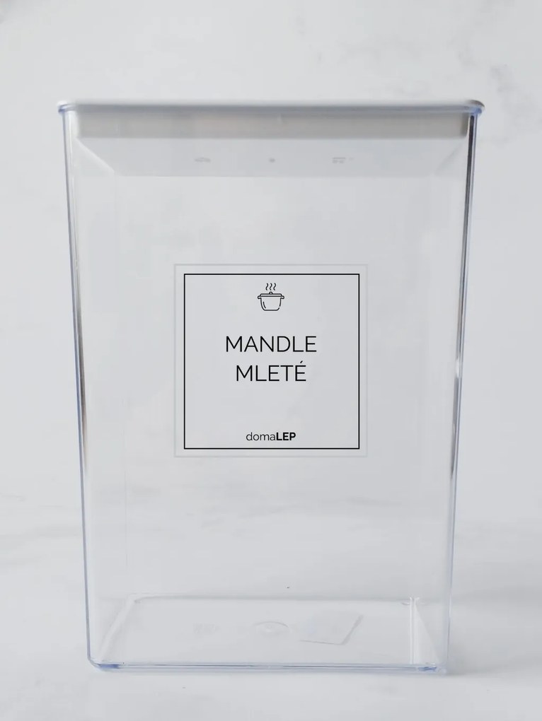 MANDLE MLETÉ – průhledná samolepka na dózu, základní písmo, 5 x 5 cm | DomaLEP