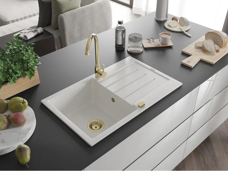 Mexen Bruno, granitový dřez 795x495x200 mm, 1-komorový, bílá se zlatým sifonem, 6513791010-20-G