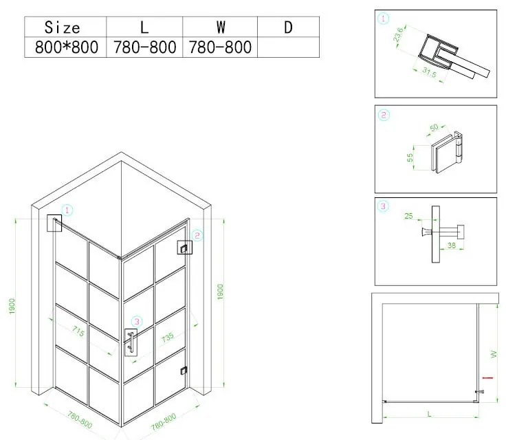 BPS-koupelny Čtvercový sprchový kout HYD-SK10A 80x80 černá/transparent