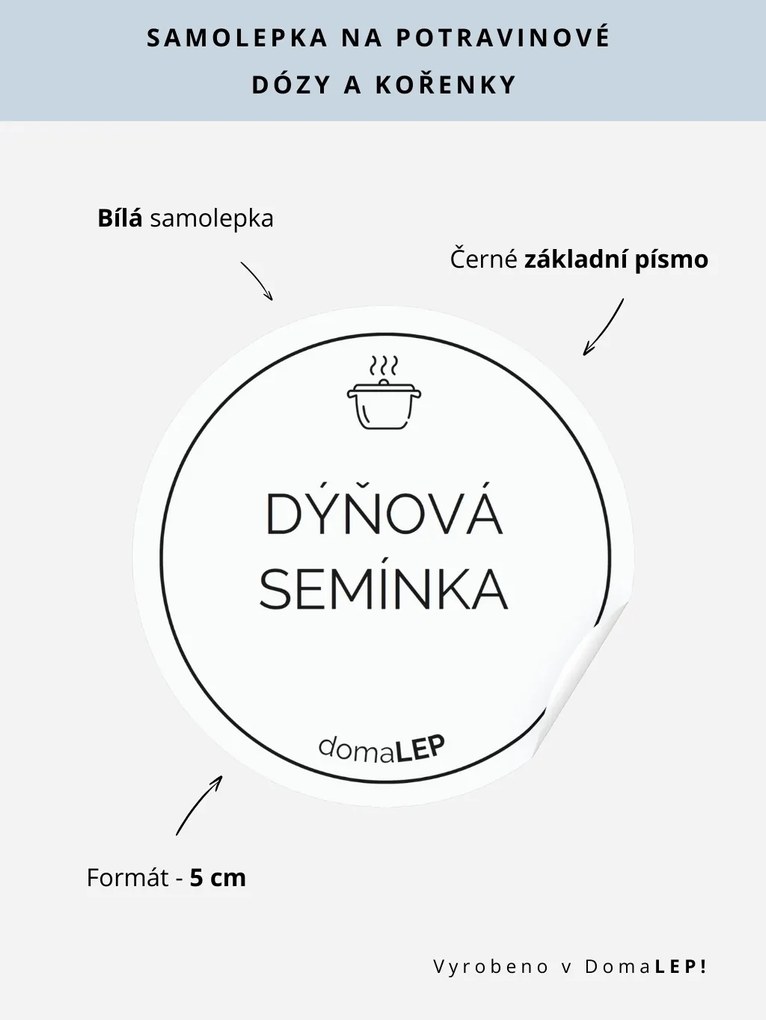 DÝŇOVÁ SEMÍNKA – bílá samolepka na dózu, základní písmo, 5 cm | DomaLEP