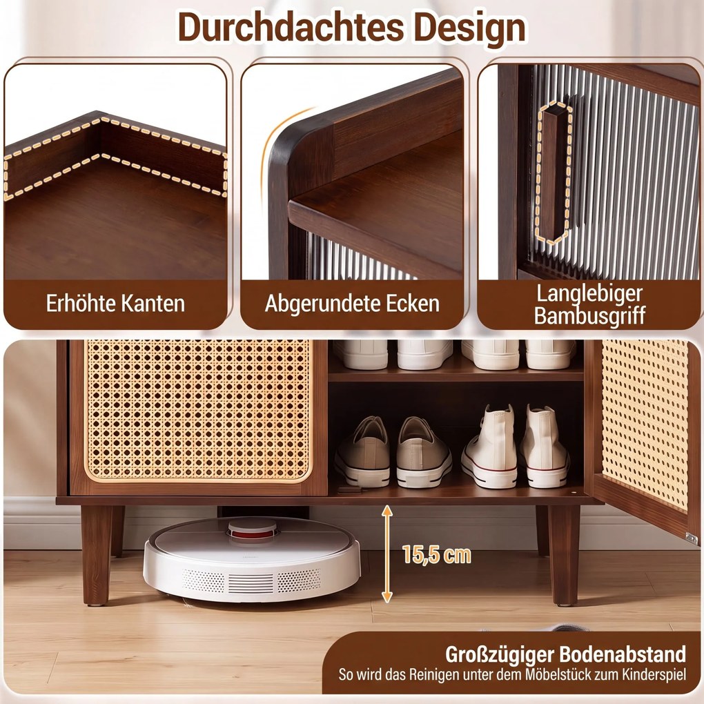 Costway Botník bambus s 2 ratanovými dvířky, protiskluzovými nožičkami a 6
