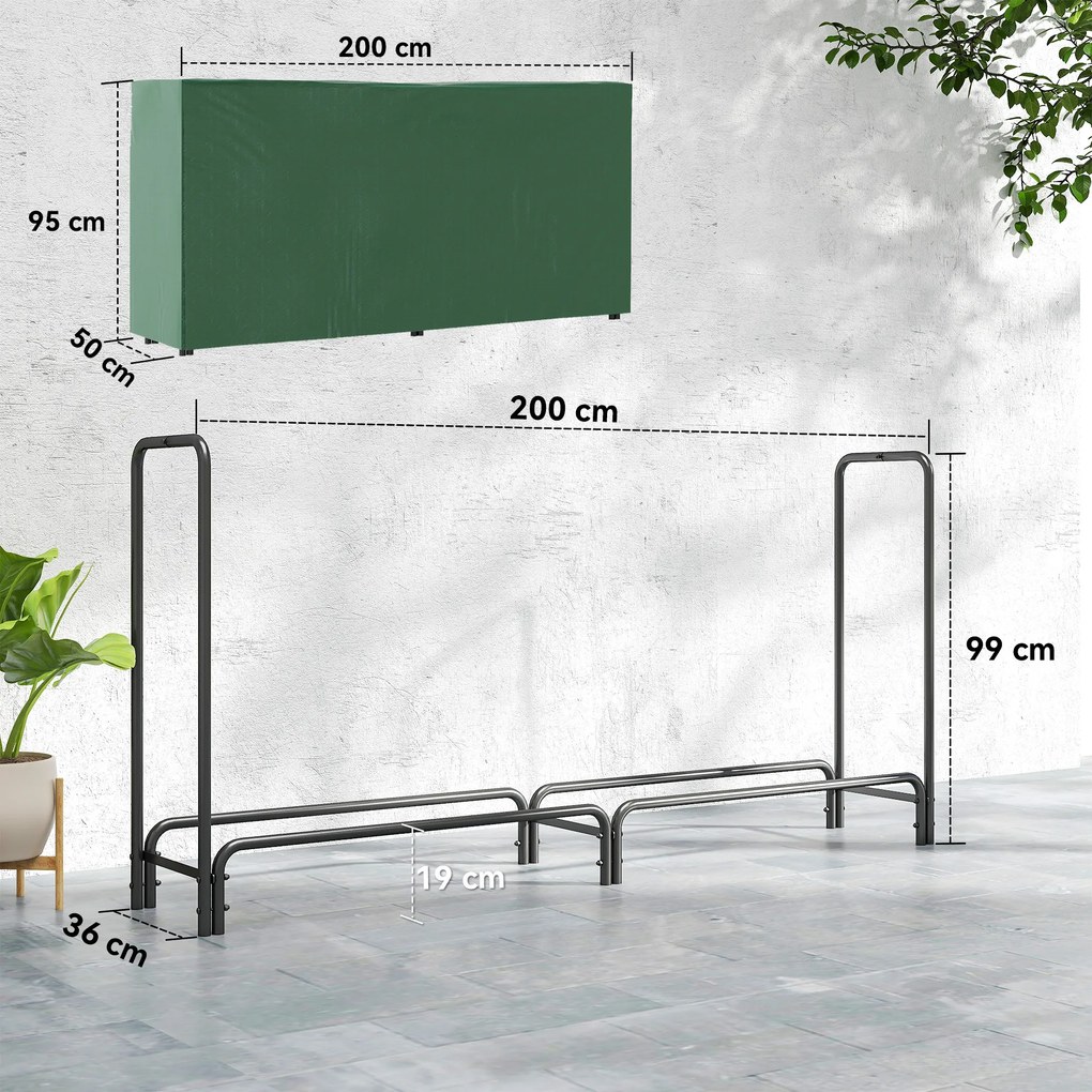 Stojan na palivové dřevo Outsunny 200x36x99 cm nastavitelný s vodoodpudivým krytem na palivové dřevo na zahradě a terase z kovu Černá