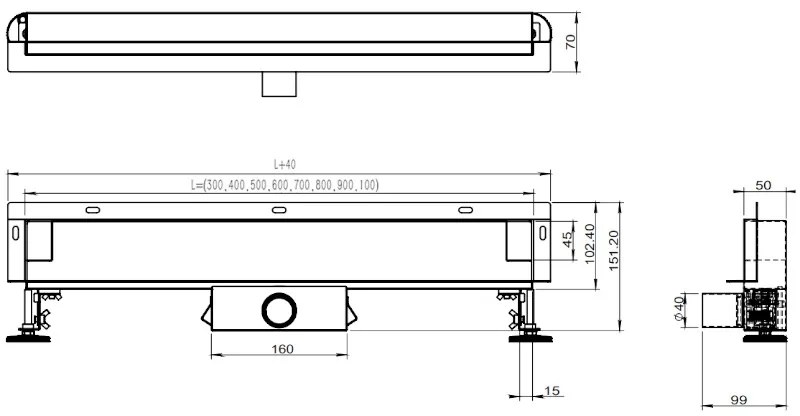 BPS-koupelny Nástěnný odtokový žlab 2in1 DL09 70 cm, satén