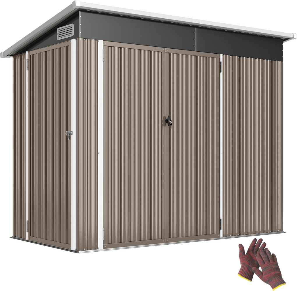 Zahradní kůlna Outsunny z pozinkované oceli, 234 × 132 × 185 cm — zamykatelné tříkřídlé dveře, šikmá střecha, větrání, rukavice | Aosom