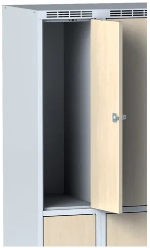 Alfa 3 Šatní skříňka s úložnými boxy, 6 boxů 300 mm, laminované dveře třešeň, otočný zámek