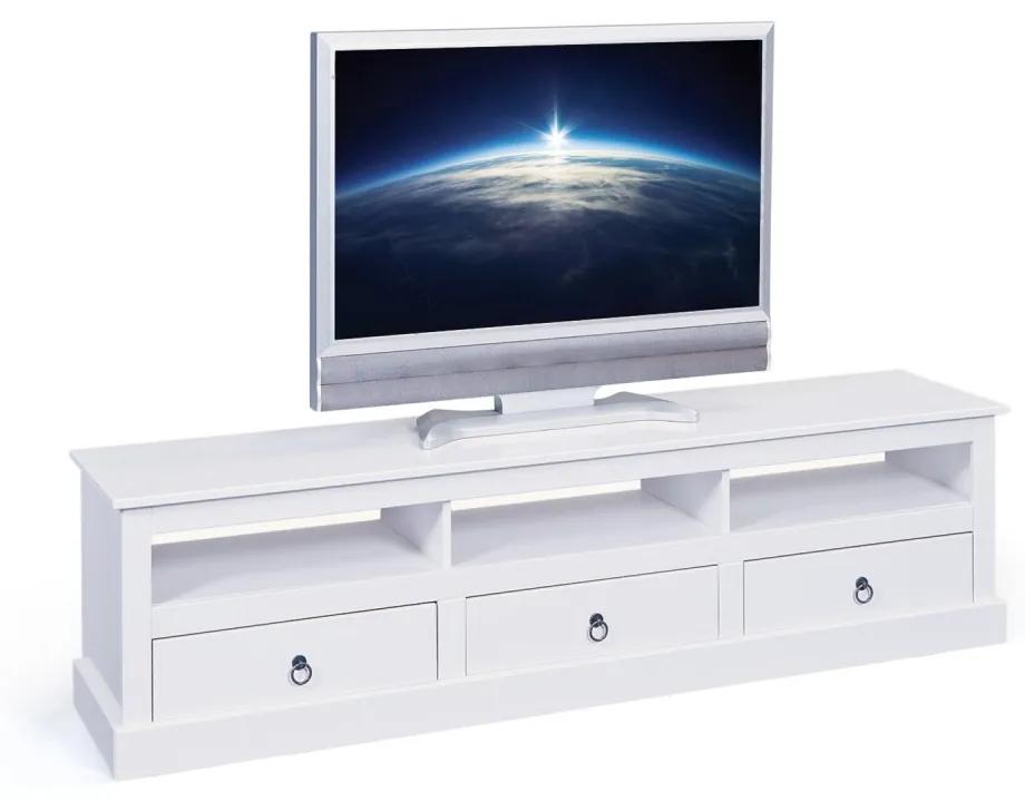TV stolek se třemi zásuvkami BADU — 173 × 39 × 45, masiv borovice, bílá