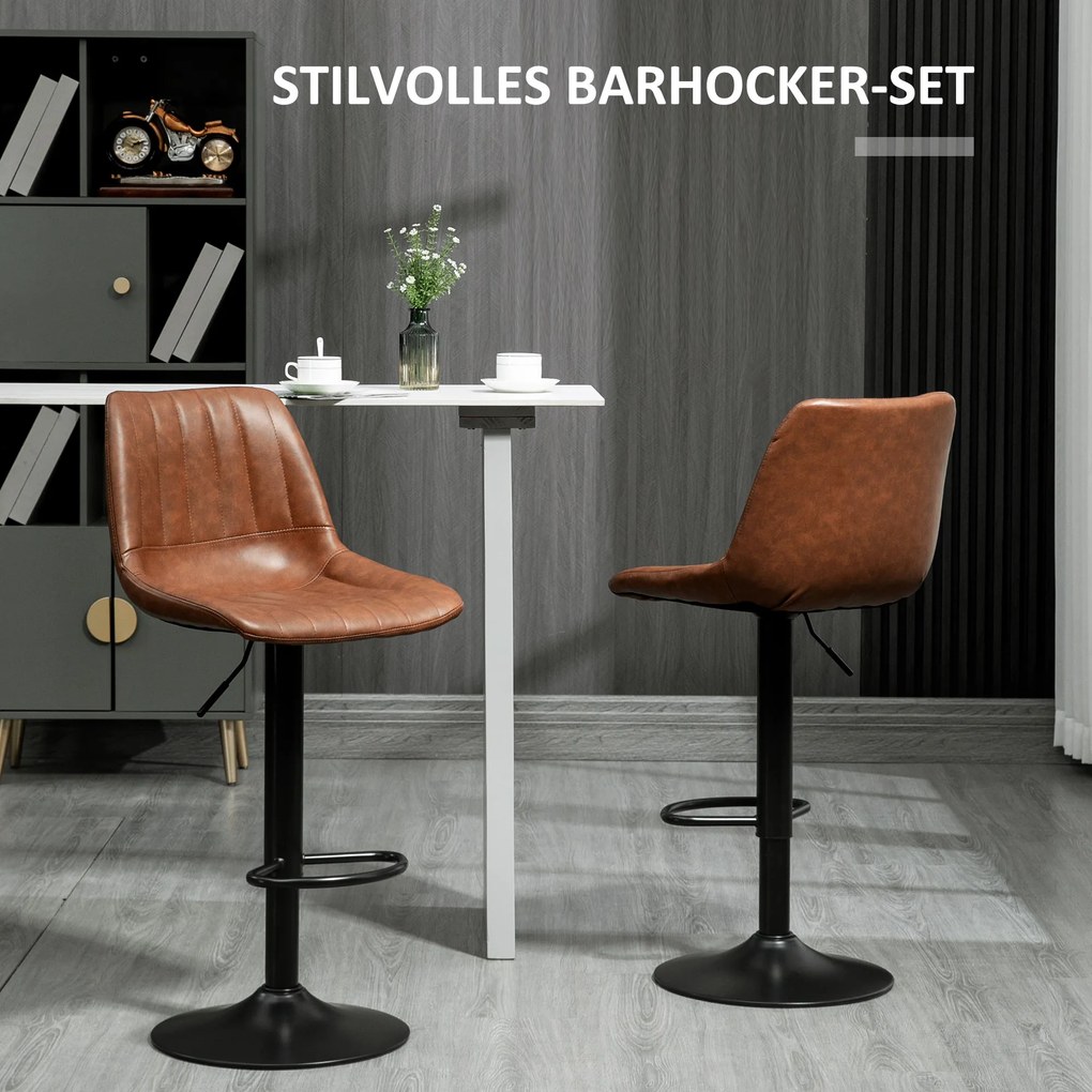 HOMCOM Sada 2 barových židlí Výškově nastavitelná pultová stolička imitace kůže Bistro stolička s kroužkem na nohy ocelová hnědá do kuchyně a baru | …