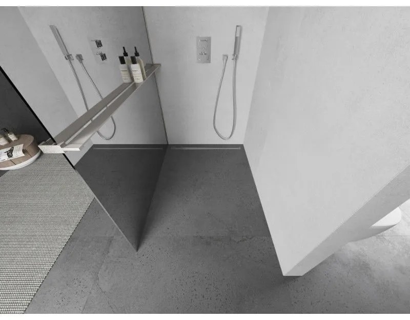 Mexen Kioto+ L, sprchová zástěna Walk-In s poličkou a věšákem 120 x 200 cm, 8mm sklo vzor zrcadlo, broušená ocel profil, 800-120-123-97-50