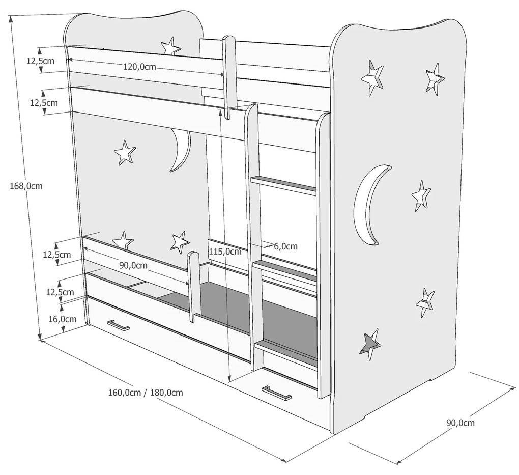 BabyBeds Dětská patrová postel STARS II 180x80 Barevné provedení: Dub, Úložný prostor: Ano, s úložným prostorem