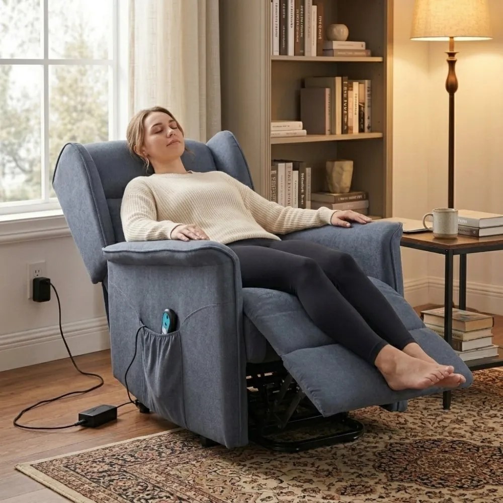 TV křeslo ušák RELIA s elektrickým polohováním — látka, šedá, nosnost 130 kg