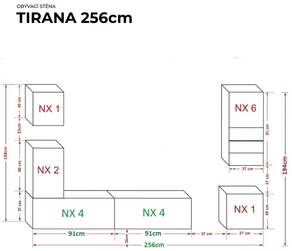 Ral Obývací stěna TIRANA 256 cm - Černý lesk