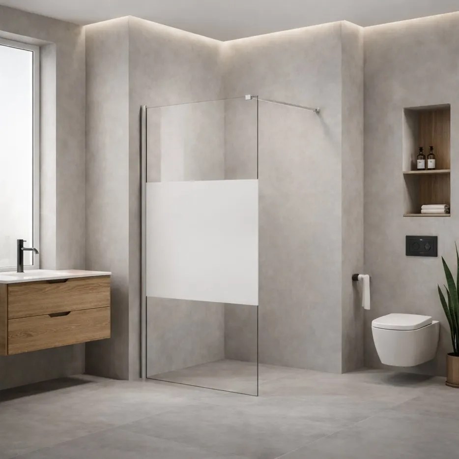 Erga Paris, sprchová zástěna Walk-In 90x200 cm, 8mm čiré/mléčné sklo, měděný matný profil, ERG-V02-PARIS-090x200-MF-CO