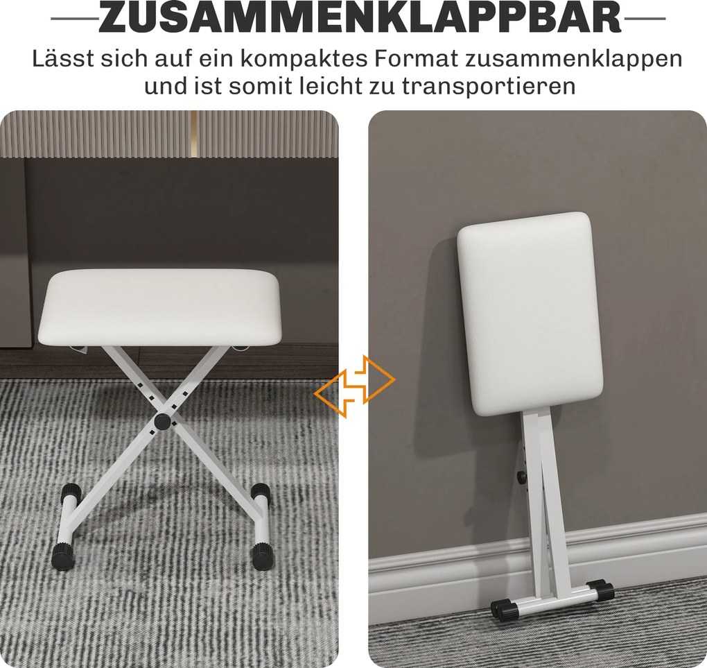 HOMCOM Klavírní stolička, výškově nastavitelná skládací X-tvarovaná klavírní lavice s polštářem z umělé kůže, 39 x 29 x 37-47 cm, bílá