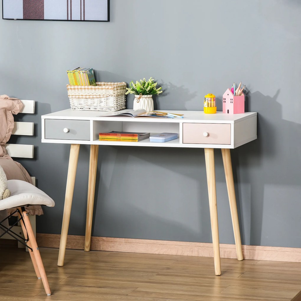 Dětský stůl HOMCOM s 1 otevřenou přihrádkou a 2 šuplíky v severském stylu pro studijní místnost, vstup a ložnici 100x48x76,5 cm v multicolor provedení