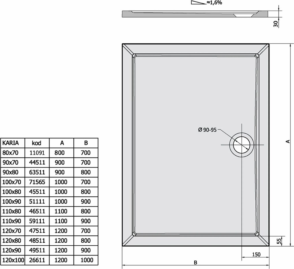 Polysan KARIA retro sprchová vanička z litého mramoru, obdélník 110x90cm, bílá 59111