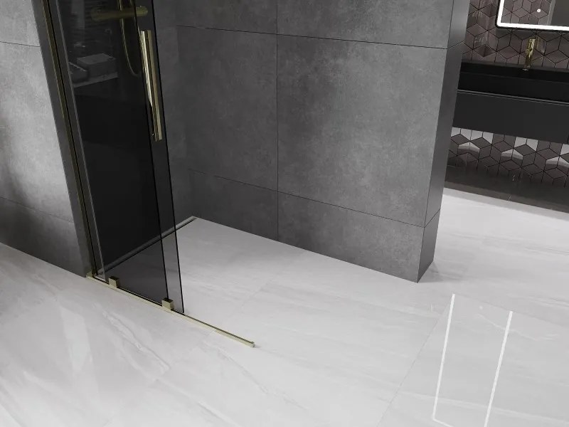 Mexen Velar L, posuvná sprchová zástěna Walk-in 110 x 200 cm, 8mm šedé sklo, zlatá lesklá, 871-110-003-43-50