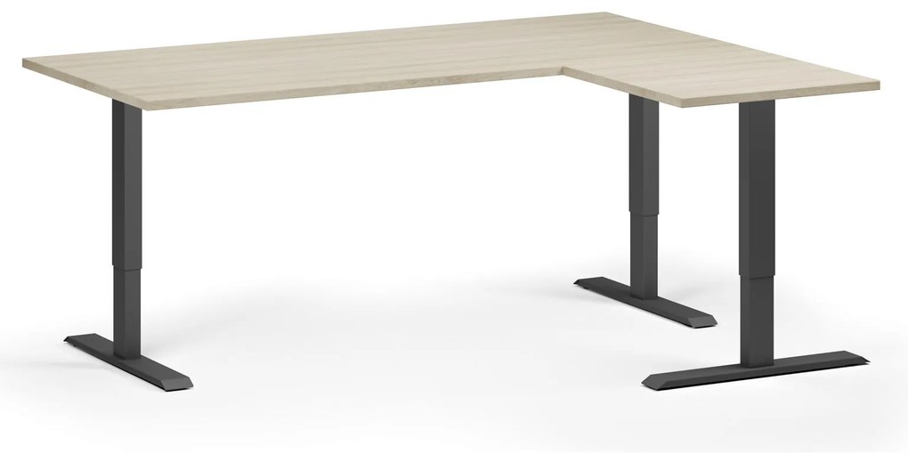 Rohový výškově nastavitelný stůl, 180x140 cm, 3 motory, L/P, černá podnož, dub přírodní