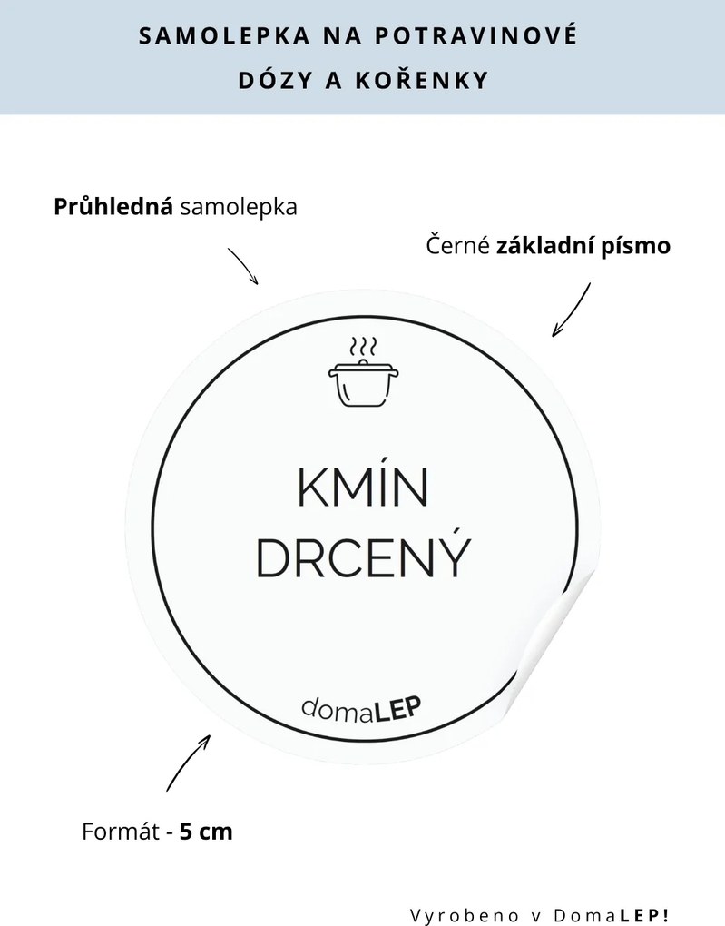 Samolepka na kořenky KMÍN DRCENÝ průhledná 5 cm základní písmo