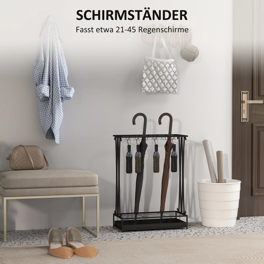 Schirmständer mit herausnehmbarer Tropfwasserschale, Regenschirmständer mit 21 Öffnungen und 24 Haken, Stahl, Schwarz
