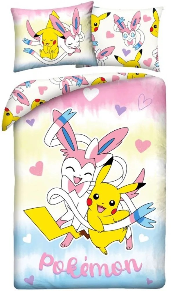 Ložní povlečení z mikrovlákna Pokémoni - motiv Pikachu a Sylveon - 70x90 cm + 140x200 cm