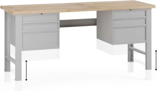 Výškově nastavitelný dílenský stůl G7, buková spárovka, 2000 x 685 x 840-1040 mm, 2x kontejner, 6 zásuvek, šedá