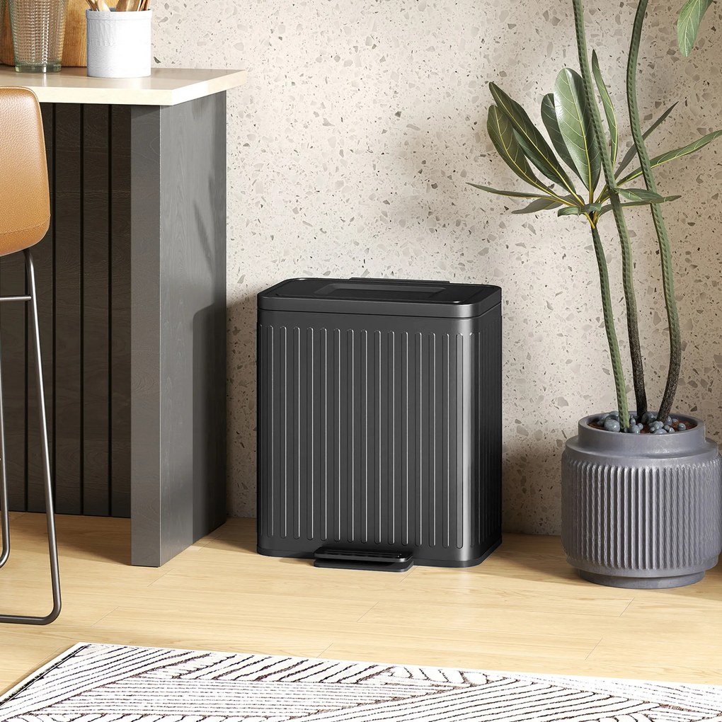HOMCOM Kuchyňský odpadkový koš, 2 x 20 l přihrádky, efektivní třídění odpadu, nožní pedál, plast, kov, černá