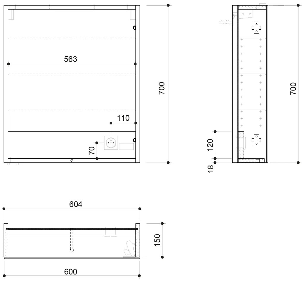 Sapho, LINEX galerka s LED osvětlením, 60x70x15cm, levá/pravá. bílá, LX060-0030